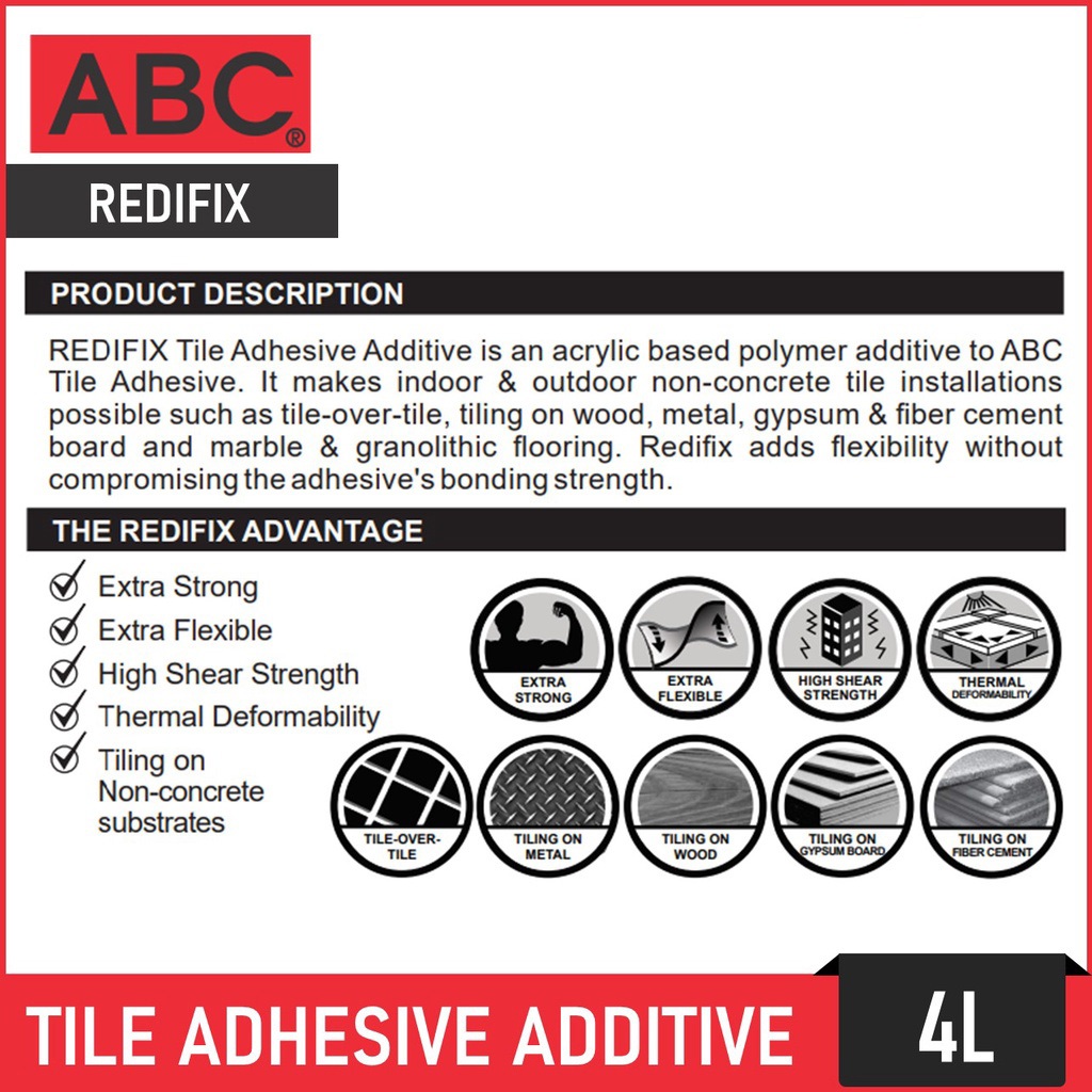 ABC Redifix Tile Adhesive Additive 4L Non-Concrete Tile Installations ...