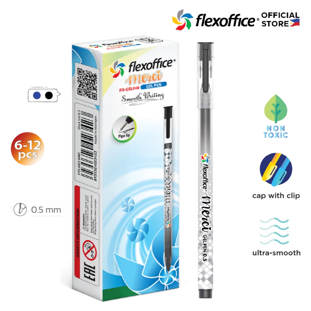 FlexOffice Merci Gel Pen 0.5mm - 6pcs OPP/ box 12pcs - Black/Blue Ink ...