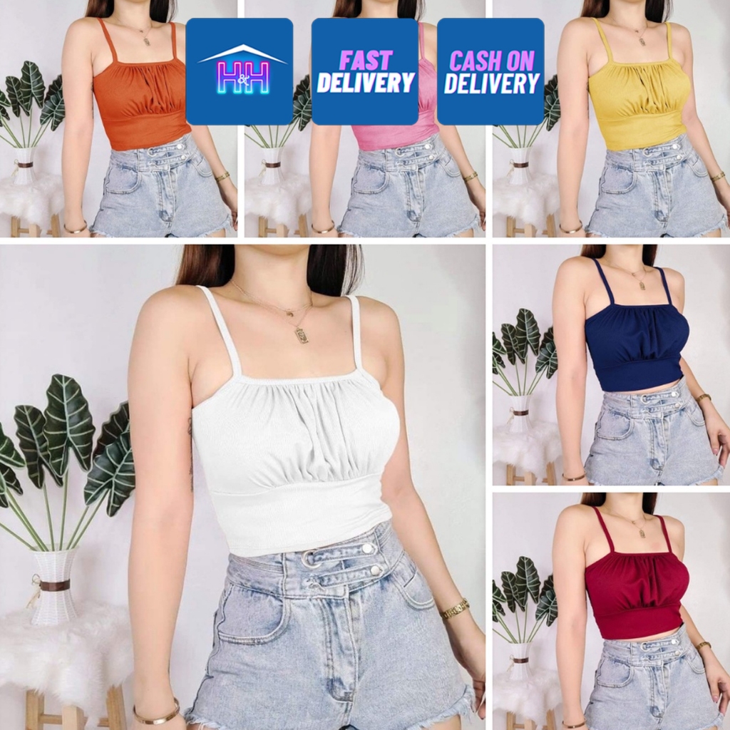 H&H #5770 S-M Princess Spag Strap Knitted Ruched Crop Top Trendy Sando ...