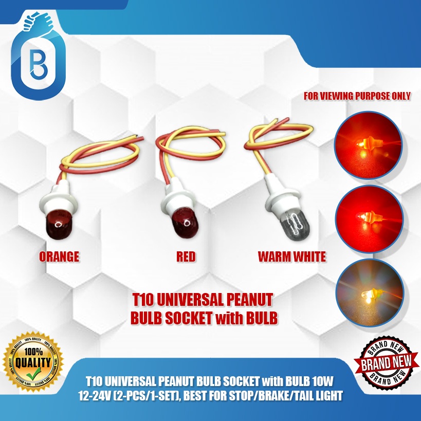T10 UNIVERSAL PEANUT BULB SOCKET with BULB 10W 12-24V (2-PCS/1-SET ...