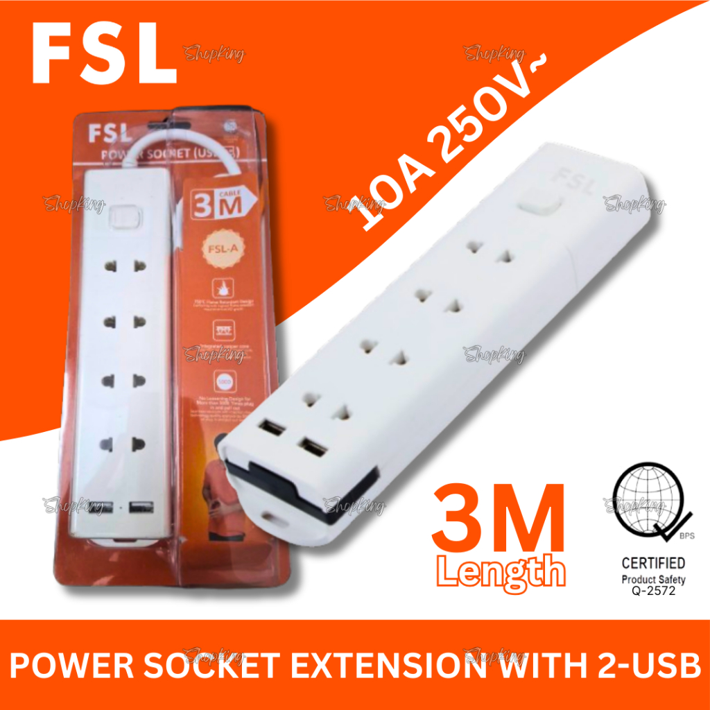 FSL 2-USB Extension Cord with 3m (3-Gang & 4-Gang) / Power Strip ...