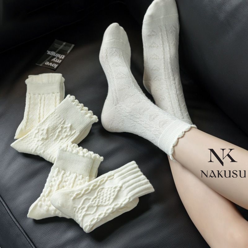 Nakusu Set Of 5Pairs Korean Casual White Lace Middle Tube Socks Cute ...