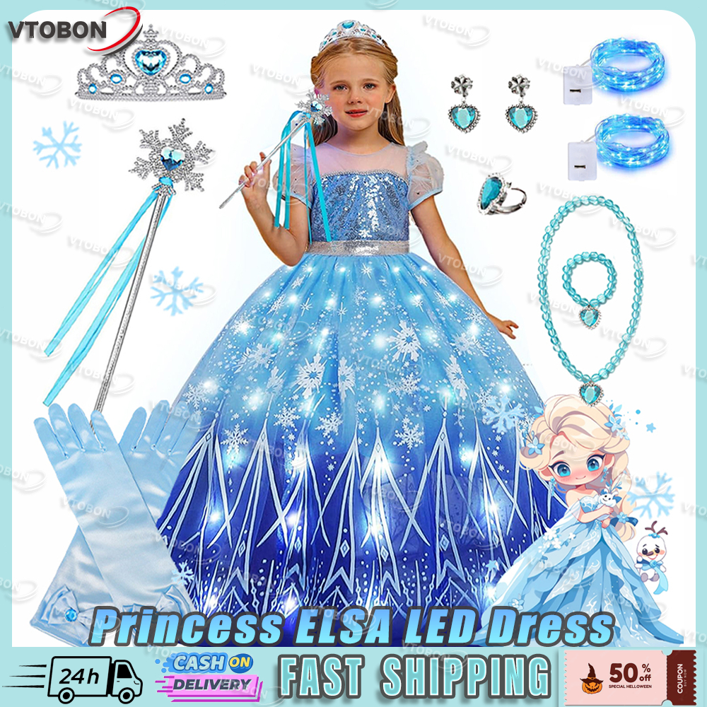 LED Princess Elsa Costume Princess Dress for Girls Frozen Dress Sequins ...