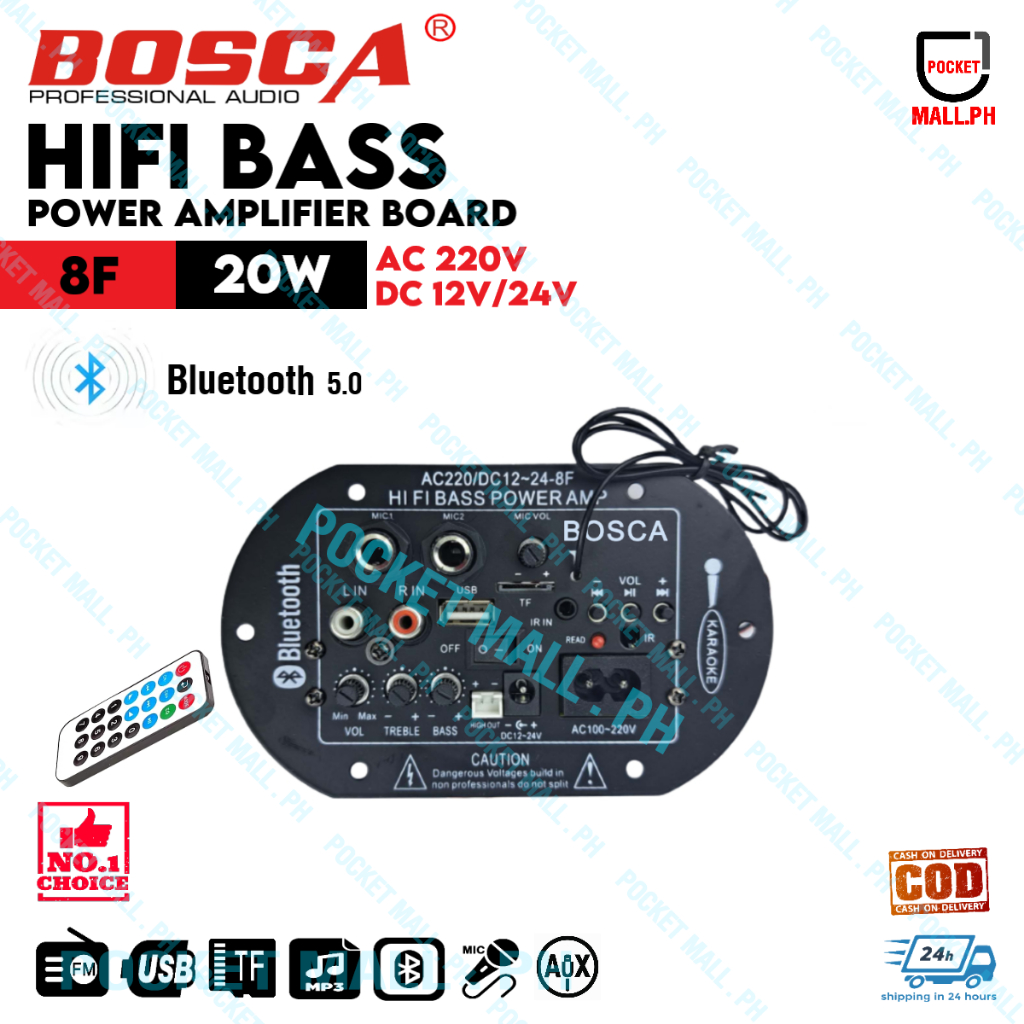 Bosca 8F 20W HIFI Bass Power Amplifier Board AC220V DC12V/24V Digital ...