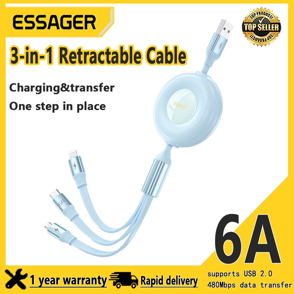 Essager 6A 3 in 1 Super Charging Cable | adjustable Micro USB Type C ...