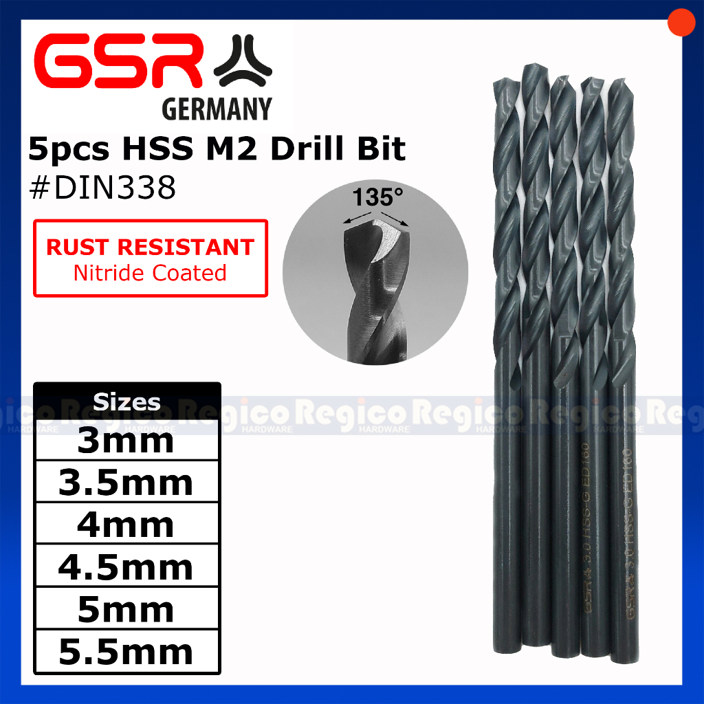 GSR 5pcs HSS M2 Metal Drill Bit 3mm 3.5mm 4mm 4.5mm 5mm 5.5mm DIN338 ...