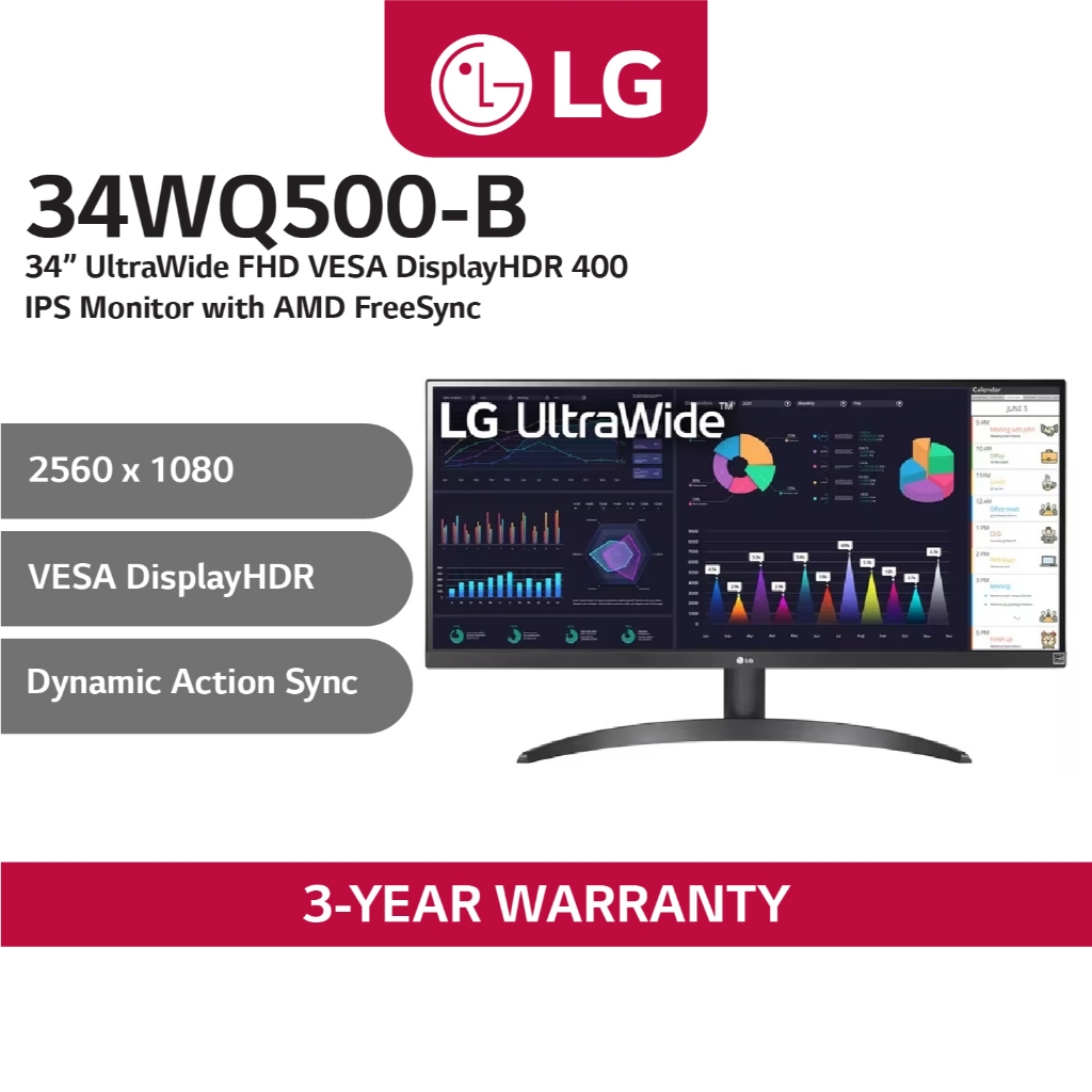 LG 34WQ500-B 34” UltraWide FHD VESA DisplayHDR 400 IPS Monitor with AMD ...