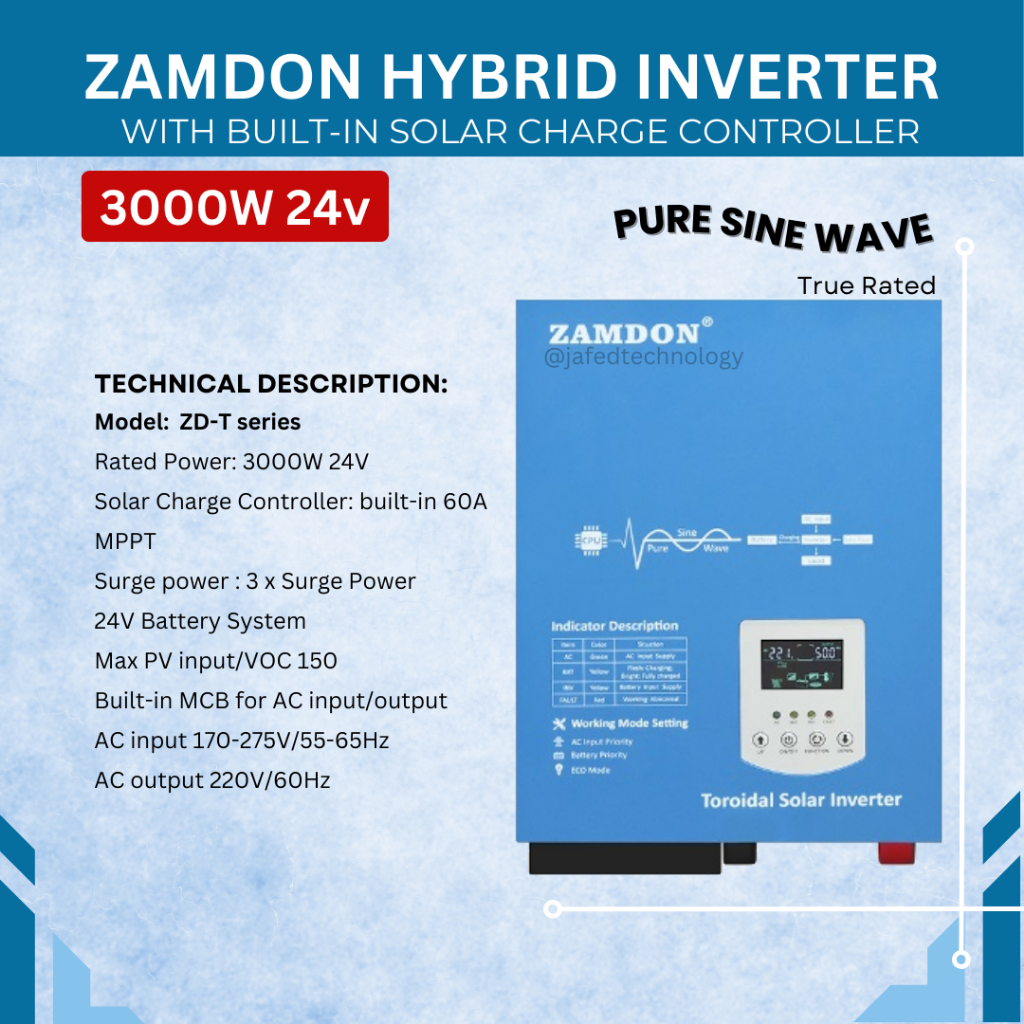 3kw 24V ZAMDON Toroidal Hybrid Power Inverter with Built-in 60A MPPT ...