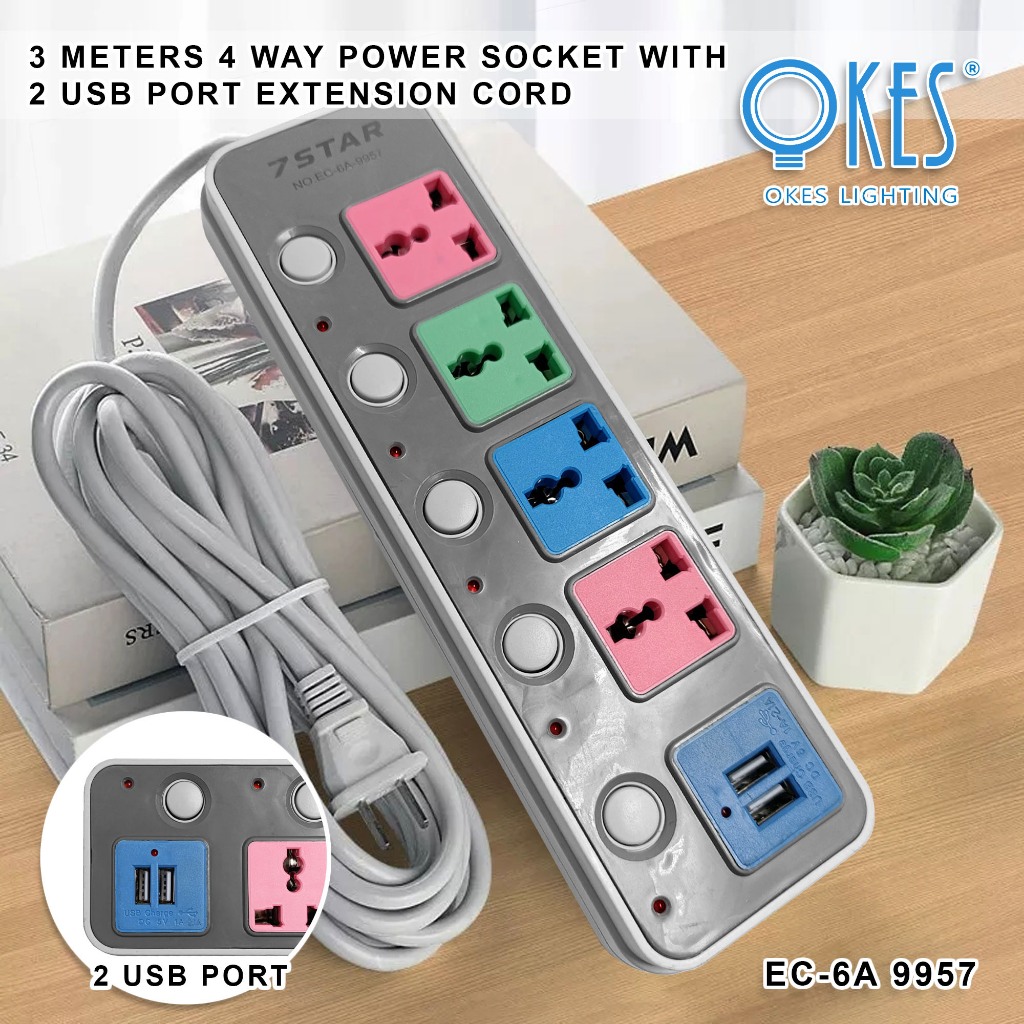 OKES 3 Meters 4 Way Power Socket with 2 USB Port Power Extension Cord ...
