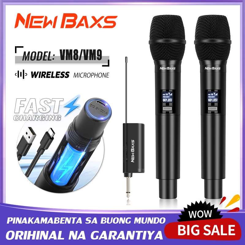 NEW BAXS VM8/VM9 UHF wireless mikropono 5V charging, libreng rechargeable na baterya Plug cod ...