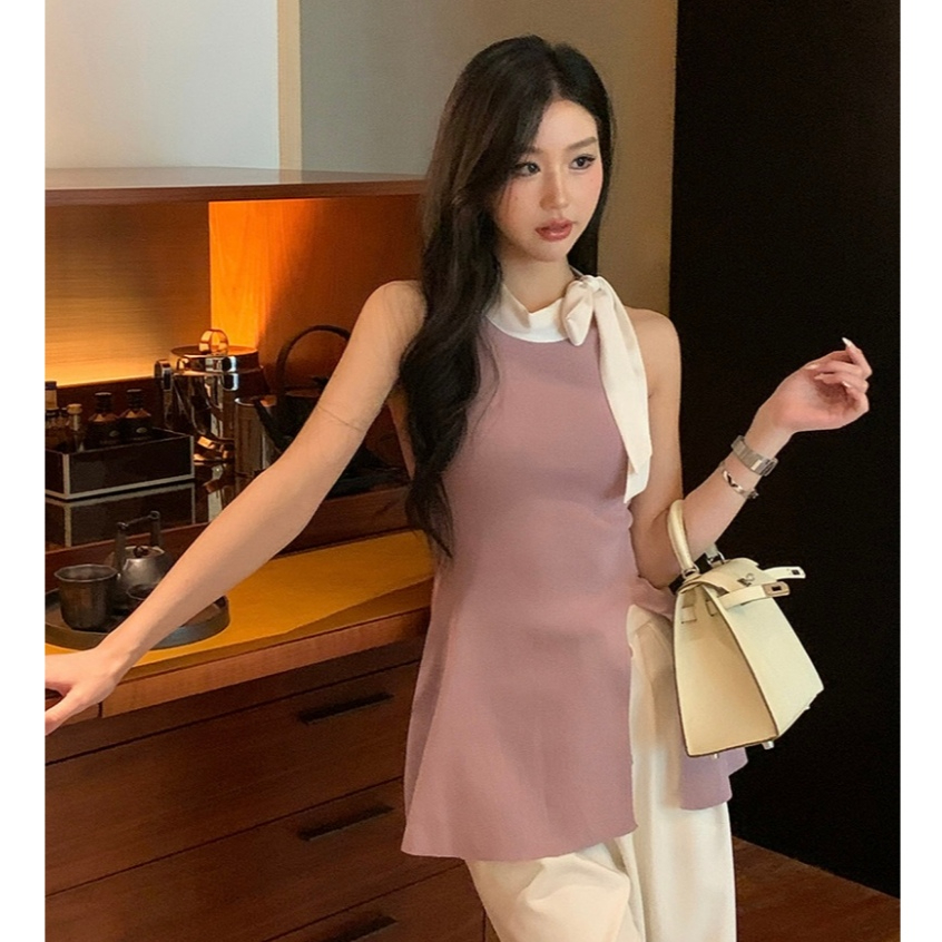 Urban Sister Bowknot Tie Neck Side Slit Knitted Halter Top M1231 | Shopee Philippines