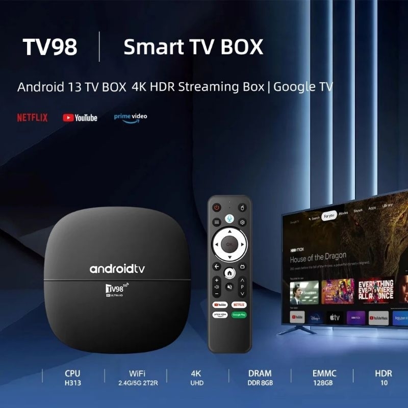 TV98 ATV Smart TV Box 8K HD 8+128GB 2.4G/5G Dual WiFi Android Allwinner H313 Quad-Core Media ...