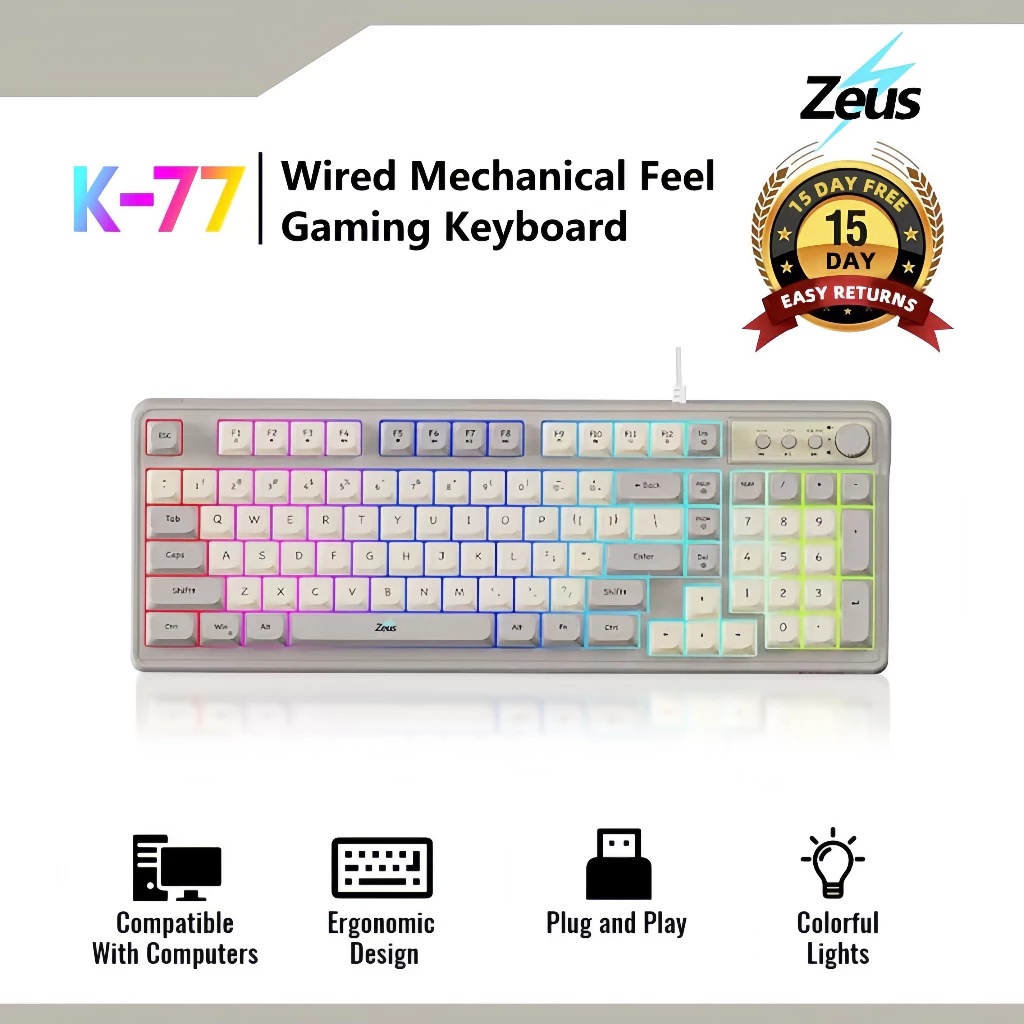 Zeus K77 Wired Gaming Keyboard Multi-color Blend 98 key USB Mechanical feel keyboard with volume ...