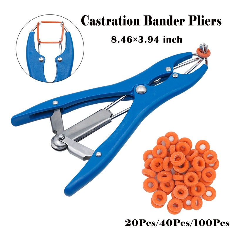 1set Animal Tail Cutter Metal Castration Bander Pliers with 20Pcs Castrator Rings for Pig Goat ...
