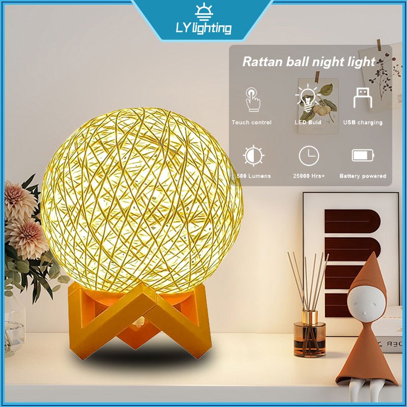 3D Ball Table Lamp Rattan Light LED Bedroom Table Lamp Night Lights ...