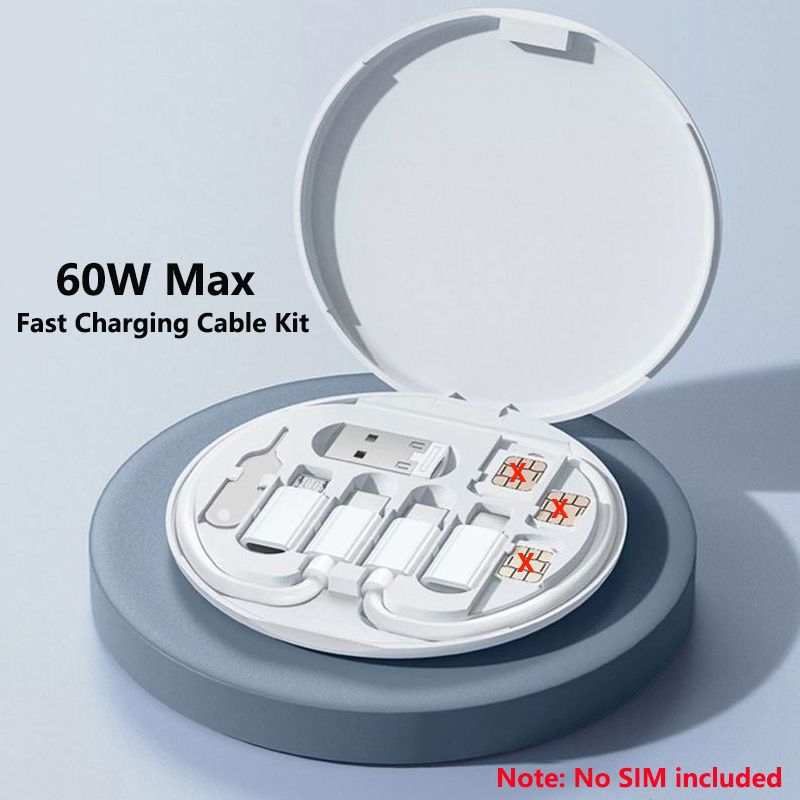 3A 60W Fast Charging USB Cable Kit Multifunctional Travel Charger Cord Storage Box White ...