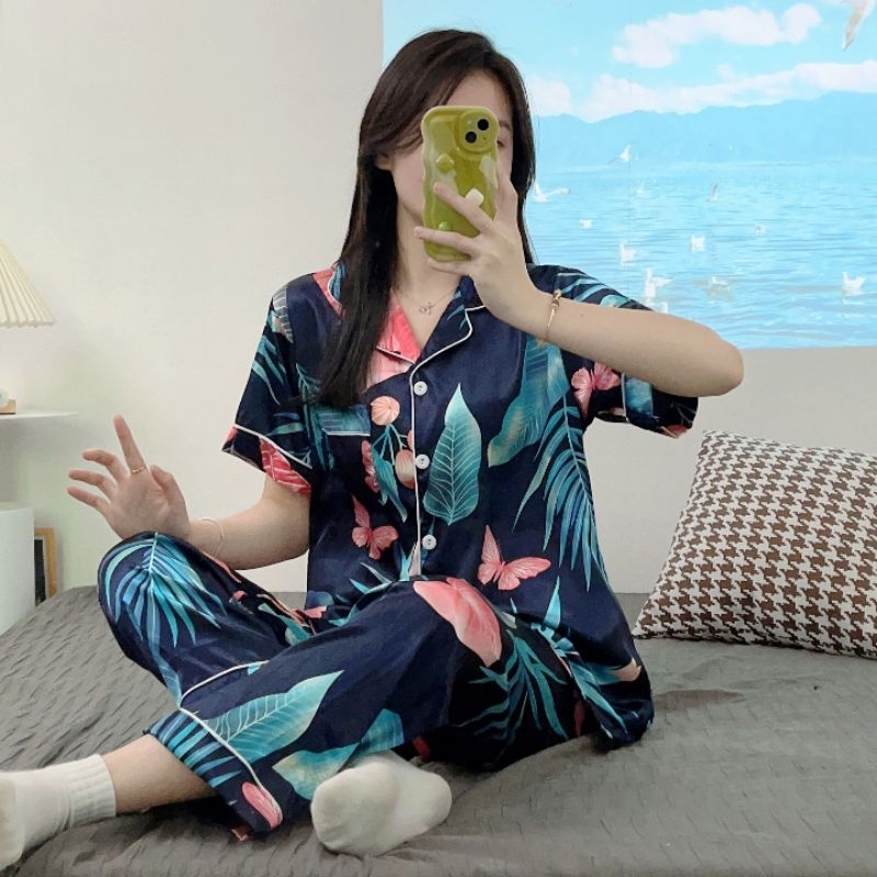 COD Korean Silk PAJAMA for Plus Size Women Terno Sleepwear Leaves ...
