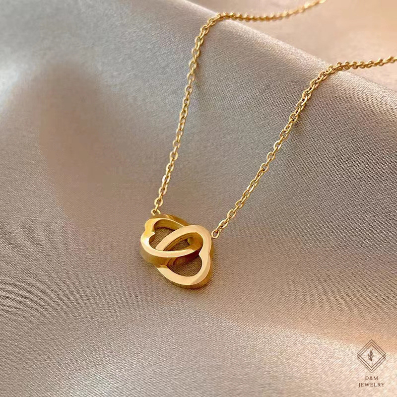 Doule heart necklace for women Stainless steel 18k golden chain korea ...
