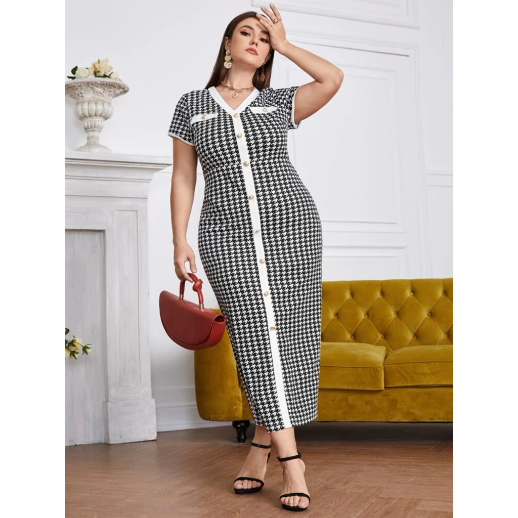 A3225 Miss Muse V-neck Tweed Print Back Split Plus Size Dress | Shopee ...