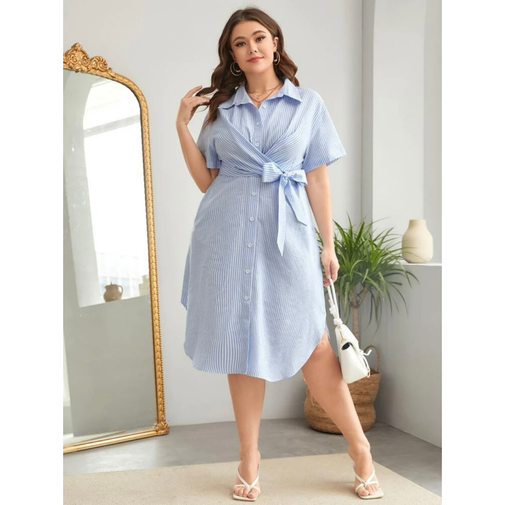 A3198 Miss Muse Button-up Self Tie Bowknot Stripe Plus Size Polo Shirt Dress | Shopee Philippines