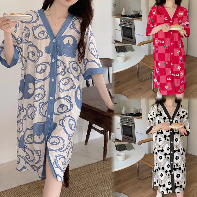 Korean style Daster cotton V-neck cardigan fashionable nightgown ...