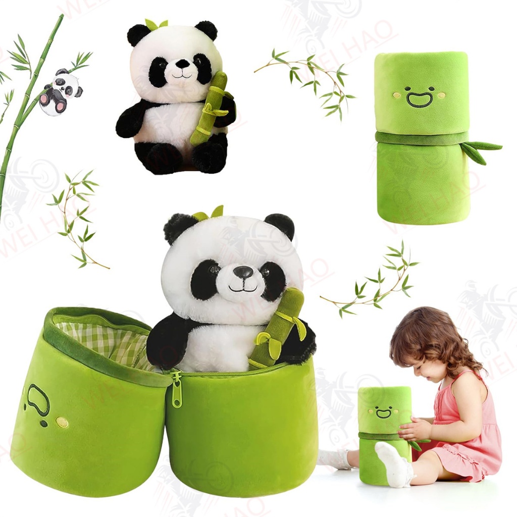 25cm Panda Stuffed Animals, 2 in-1 Panda and Bamboo Plush Toys Set ...