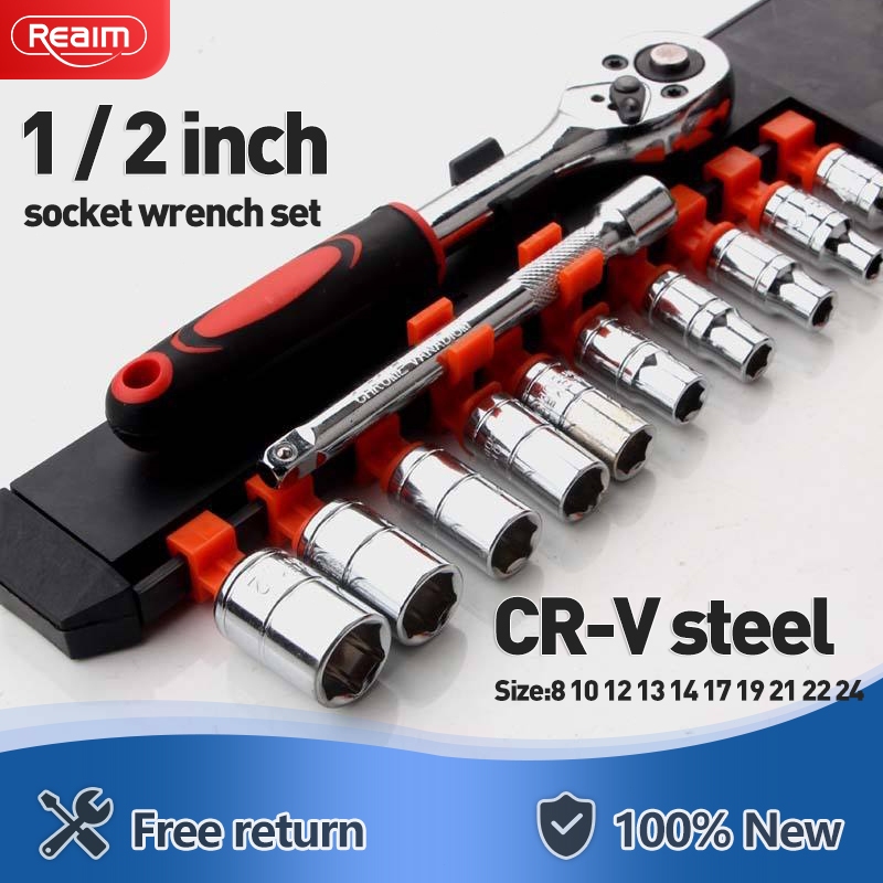 12pcs Socket Wrench Set 1/2inch Heavy Duty CR-V Ratchet Wrench Tool Set ...