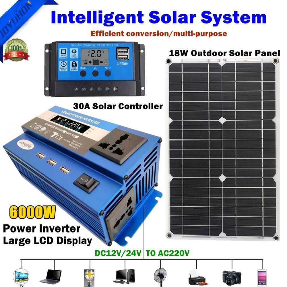 JOYUHON Solar Power System 6000W Inverter DC12V/24V TO AC220V+18W Solar ...
