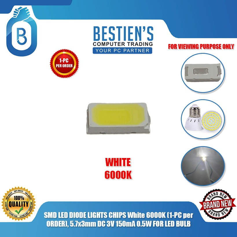 SMD LED DIODE LIGHTS CHIPS White 6000K (1-PC per ORDER), 5.7x3mm DC 3V ...