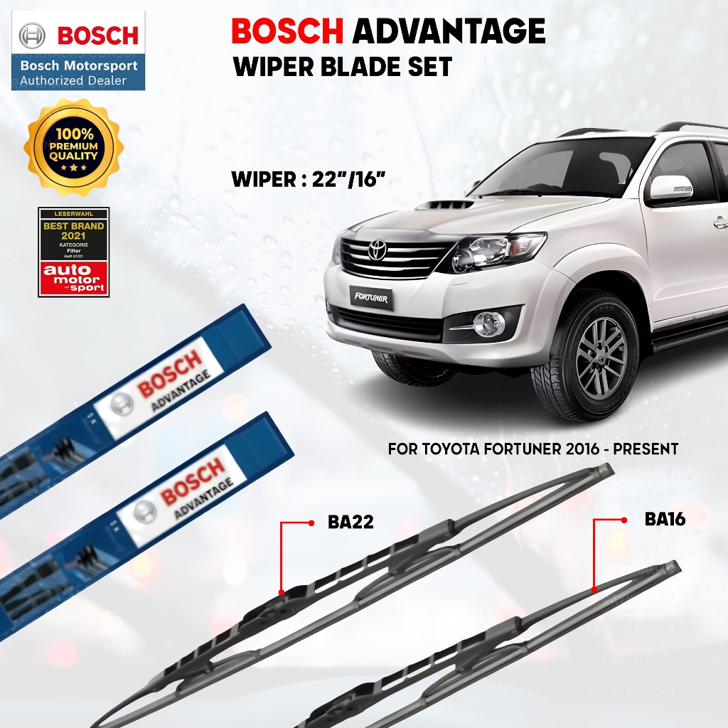 Bosch Advantage Wiper Blades (Conventional) set for Toyota Fortuner 2016 - present (22"/16 ...