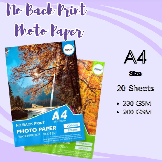 QUAFF No Back Print Photo Paper A4 Size 200gsm - 230gsm (20sheets/pack ...