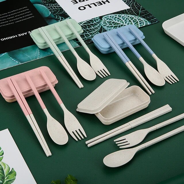 3pcs Set Reusable Folding Wheat Straw Chopstick Spoon Fork Cutlery Set ...