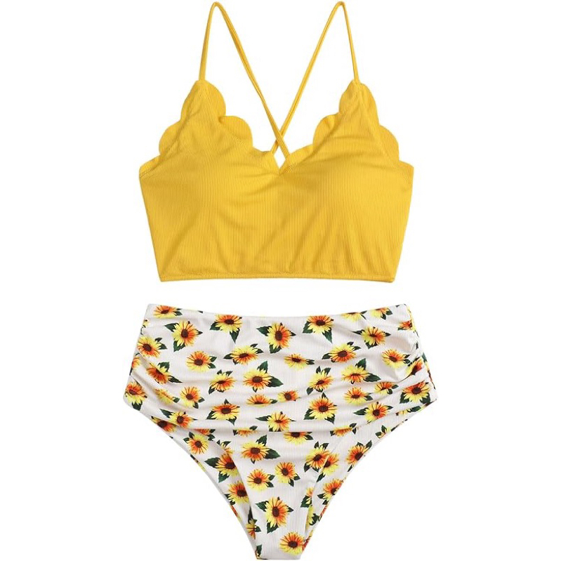 Plus Size Two Piece Swimsuit Highwaist Rib Type Sunflower Bottom 2XL ...