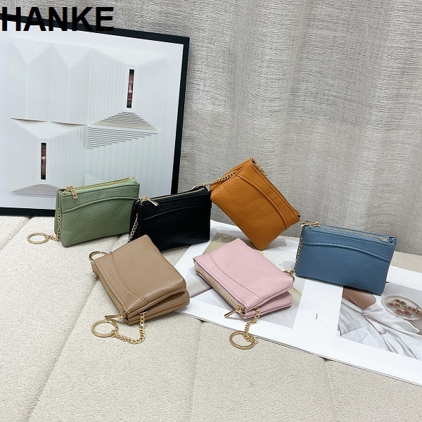 HANKE Short Leather Wallet with Keychain Dual Compartments Coin Purse ...