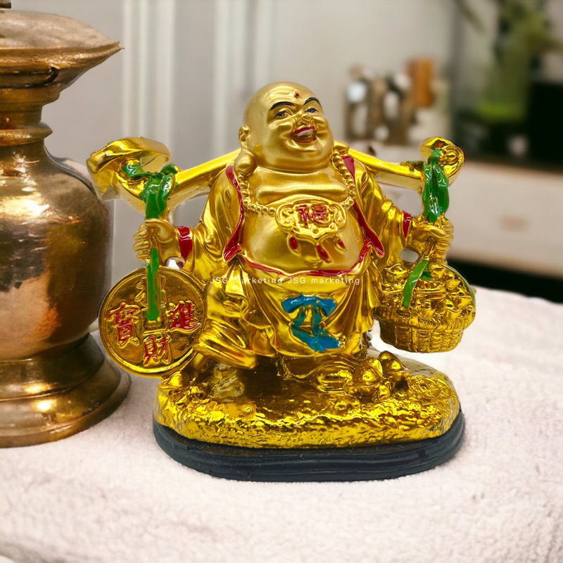 Feng Shui Wealth Luck Golden Laughing Happy Buddha Holding Money Basket ...
