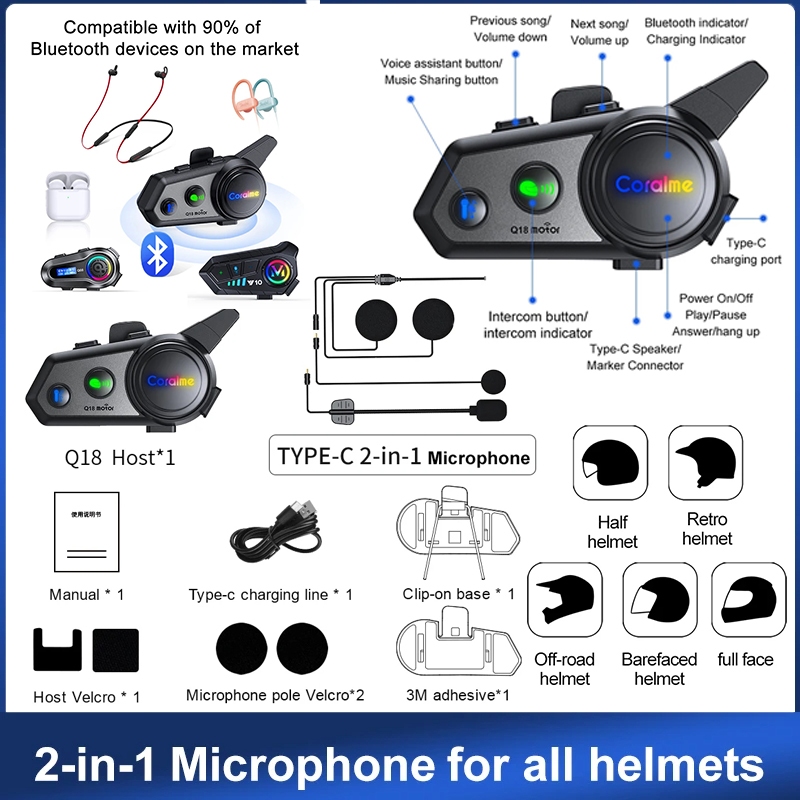 WAYXIN T2 Motorcycle Helmet Headset Bluetooth Intercom Headphone Motor ...