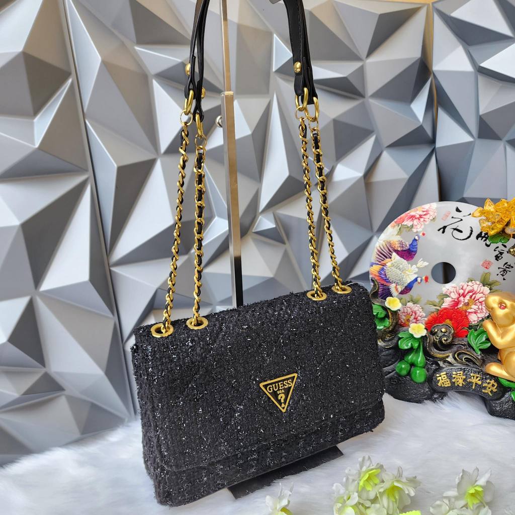 Guess Cessily Tweed Convertible Shoulder Bag in Black Canvas Wool Blend ...