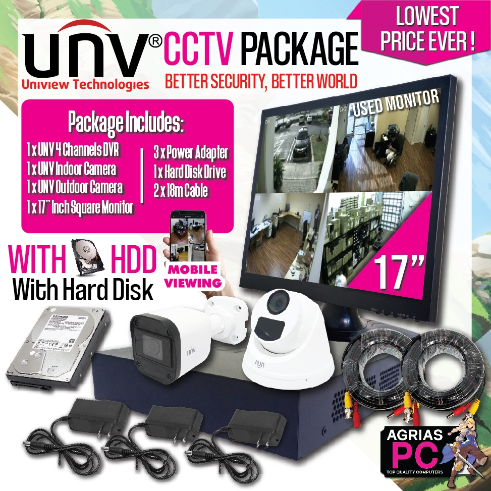UNV CCTV PACKAGE Complete Set / 2 CAMERAS / BRAND NEW DVR 4 Channel/WITH HARD DISK OPTION ...
