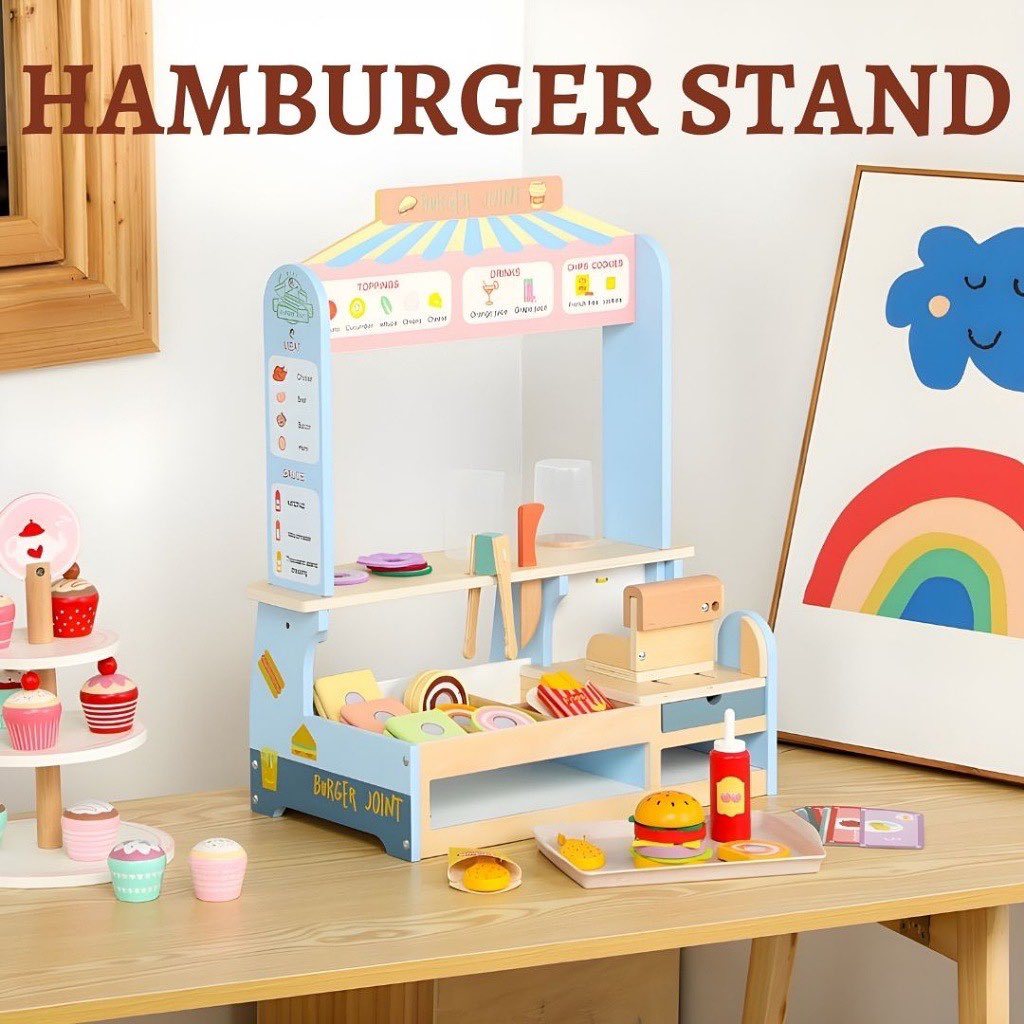 WOODEN HAMBURGER STAND KIDS TOY Pop Up Stall Burger Shop Pretend Play ...