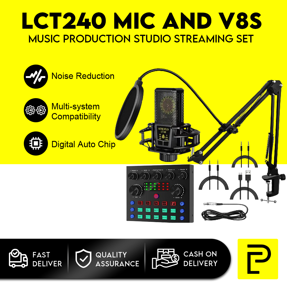 Popcorn LCT240 Condenser Microphone Full Set with V8S Soundcard for ...