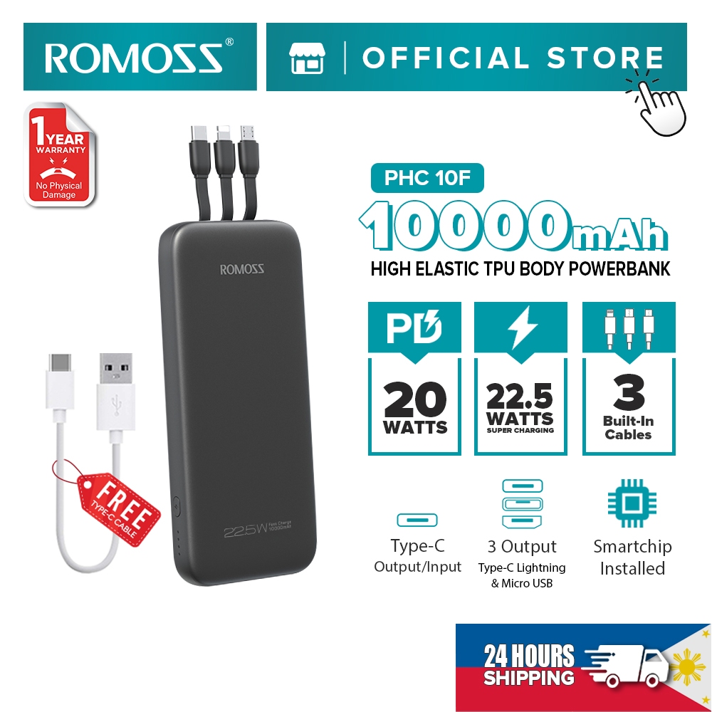 Romoss PHC10F 22.5W 10000mAh Power Bank Built-in 3 Cables Lightn ing ...