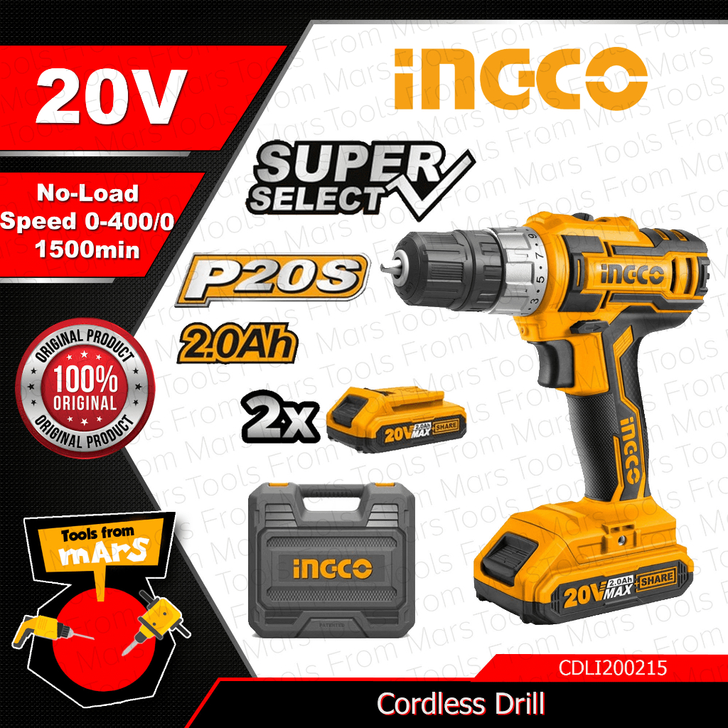 INGCO Cordless Drill Lithium-Ion 20V CDLI200215 / CDLI20508 ICPT TFM | Shopee Philippines