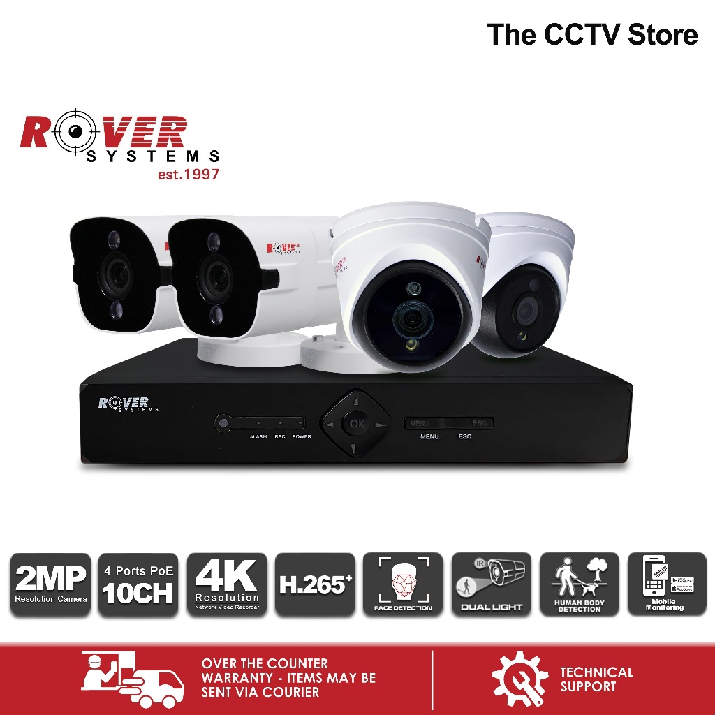 Rover 10Ch/4 Ports PoE NVR + 4 units 2MP PoE Dual Light IP Security ...