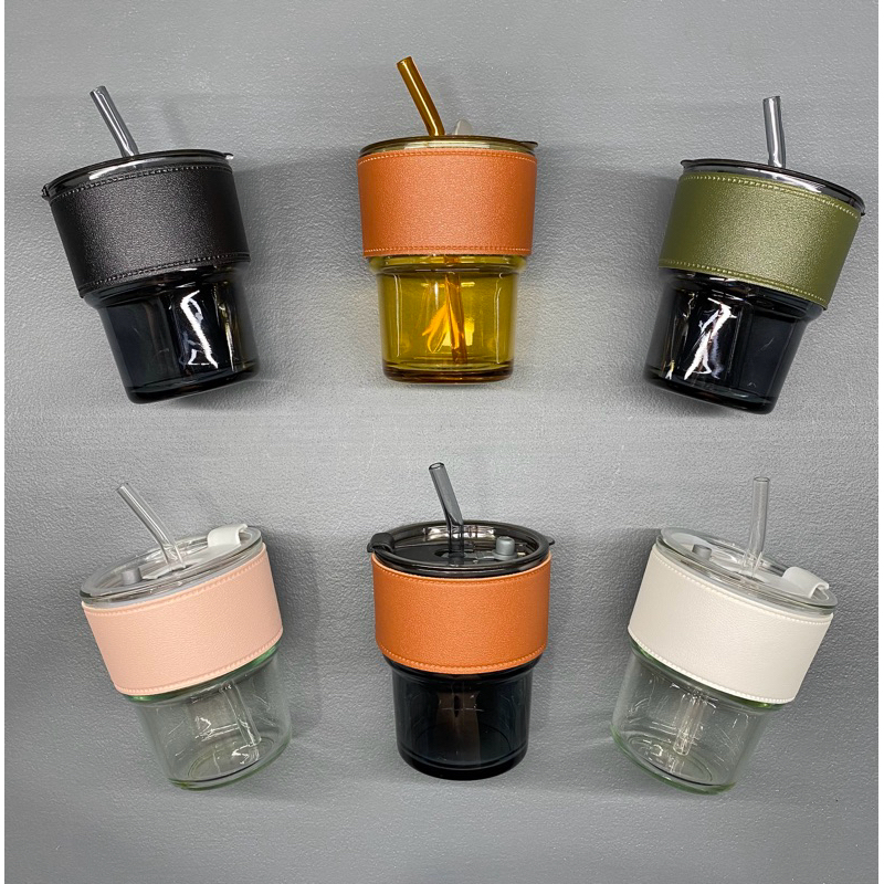 Mix match color of your Glass Mug with straw and leather sleeve holder ...