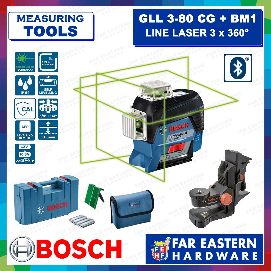 BOSCH GLL 3-80 CG Line Laser Green + BM1 Universal Mount & L-Boxx 30 ...