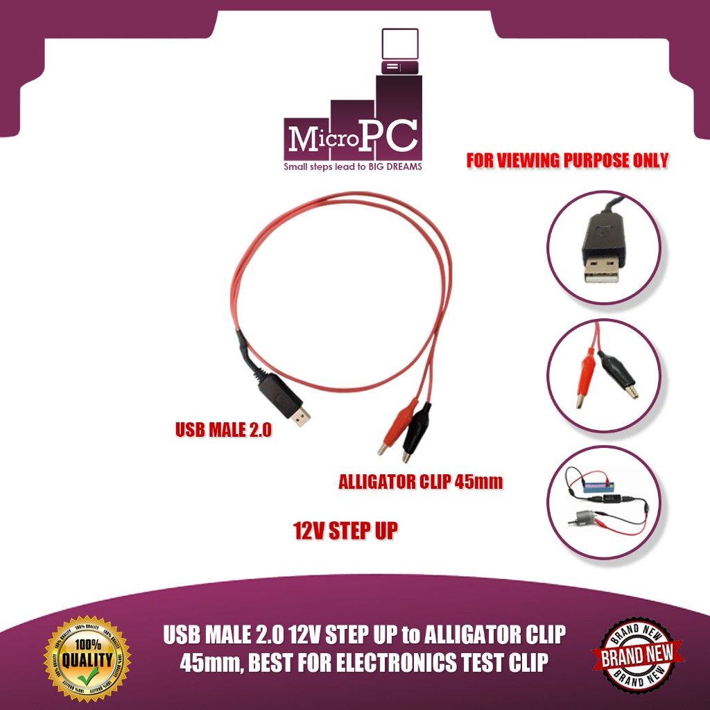 MICRO PC USB MALE 2.0 12V STEP UP to ALLIGATOR CLIP 45mm, BEST FOR ...