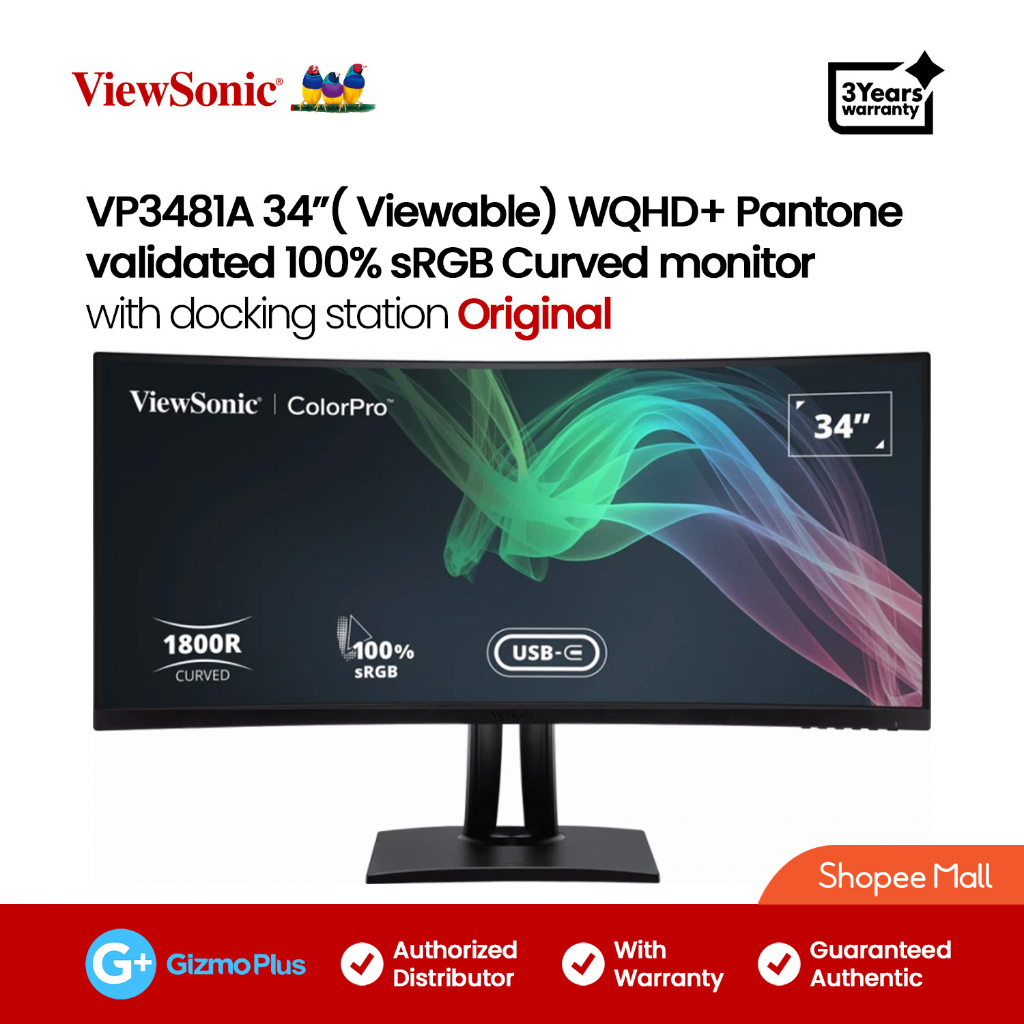 ViewSonic VP3481a - 34" ColorPro™ 21:9 Curved UWQHD Monitor with 100Hz, FreeSync, 90W USB C ...
