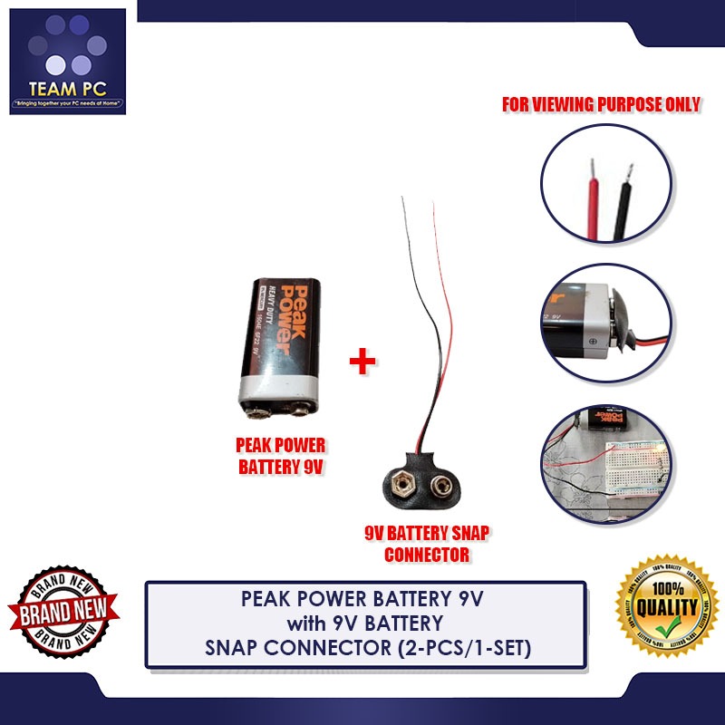 TEAM PC PEAK POWER BATTERY 9V with 9V BATTERY SNAP CONNECTOR (2-PCS/1 ...