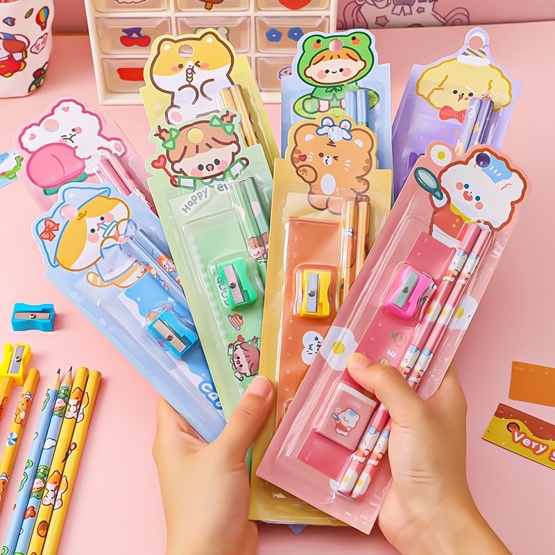 MT 5in1 pencil ruler set Cute cartoon student stationery set ruler ...