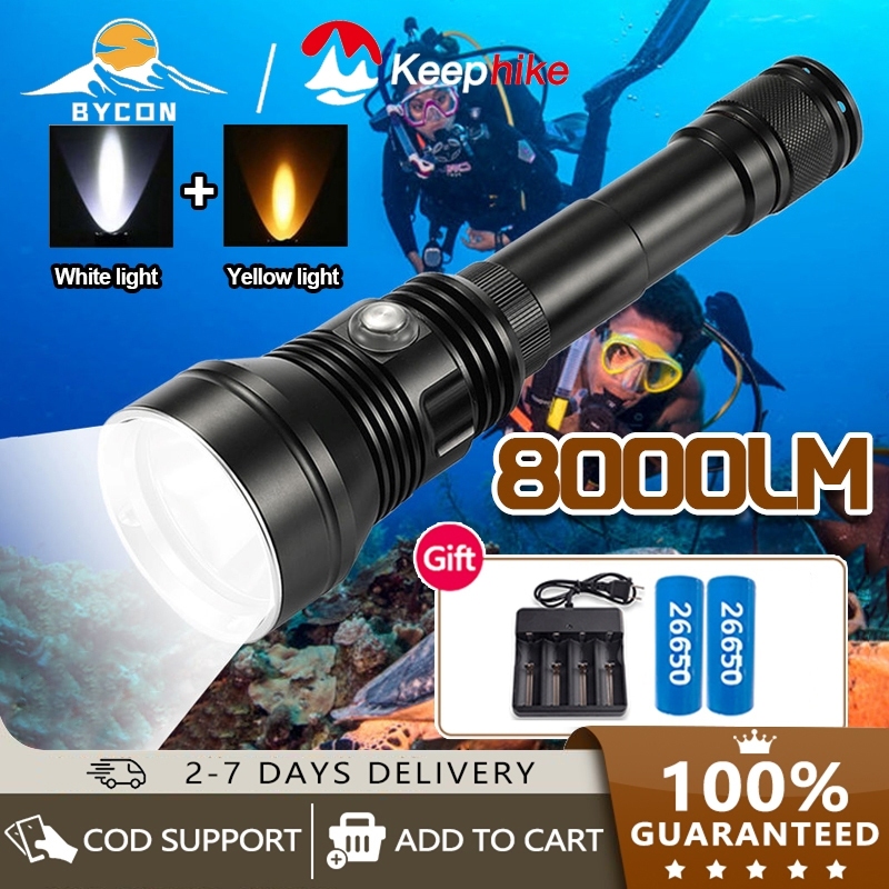 Deep diving Flashlight XHP70.2 LED 8000LM Yellow/White Light 300M Range ...